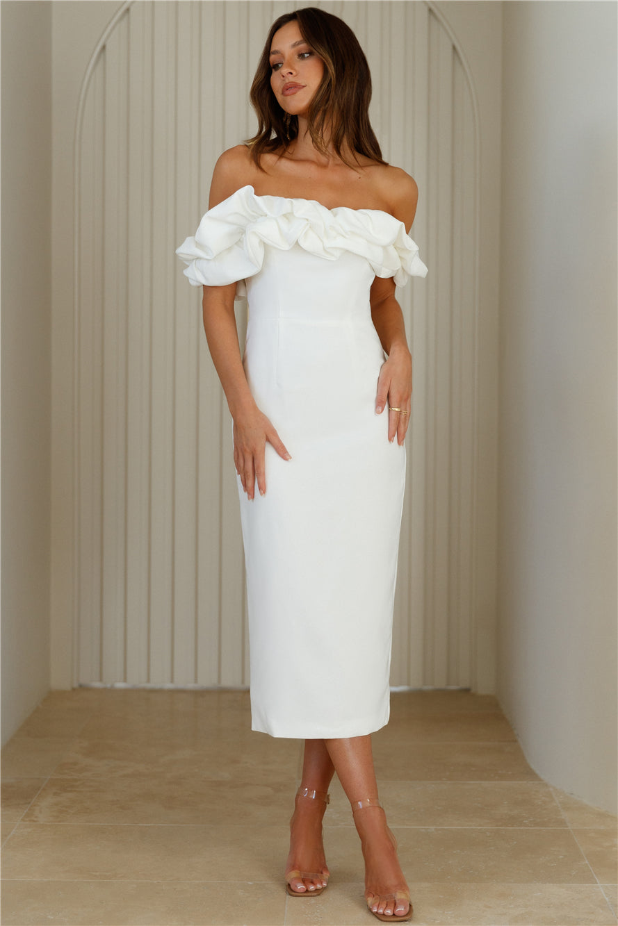 Idolise Off Shoulder Frill Midi Dress White