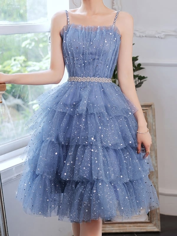 Sparkling A-line Starry Stap Blue Tulle Homecoming Dress Mini Dress