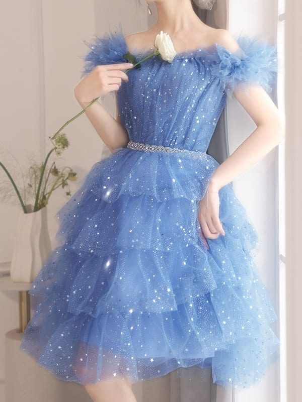Sparkling A-line Starry Off-the-Shoulder Blue Tulle Homecoming Dress ...